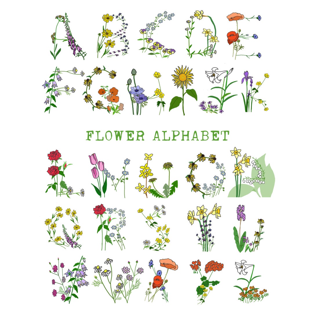 Wild Flower Alphabet Clipart, Wild Flower Alphabet Wall Art, Flower ...