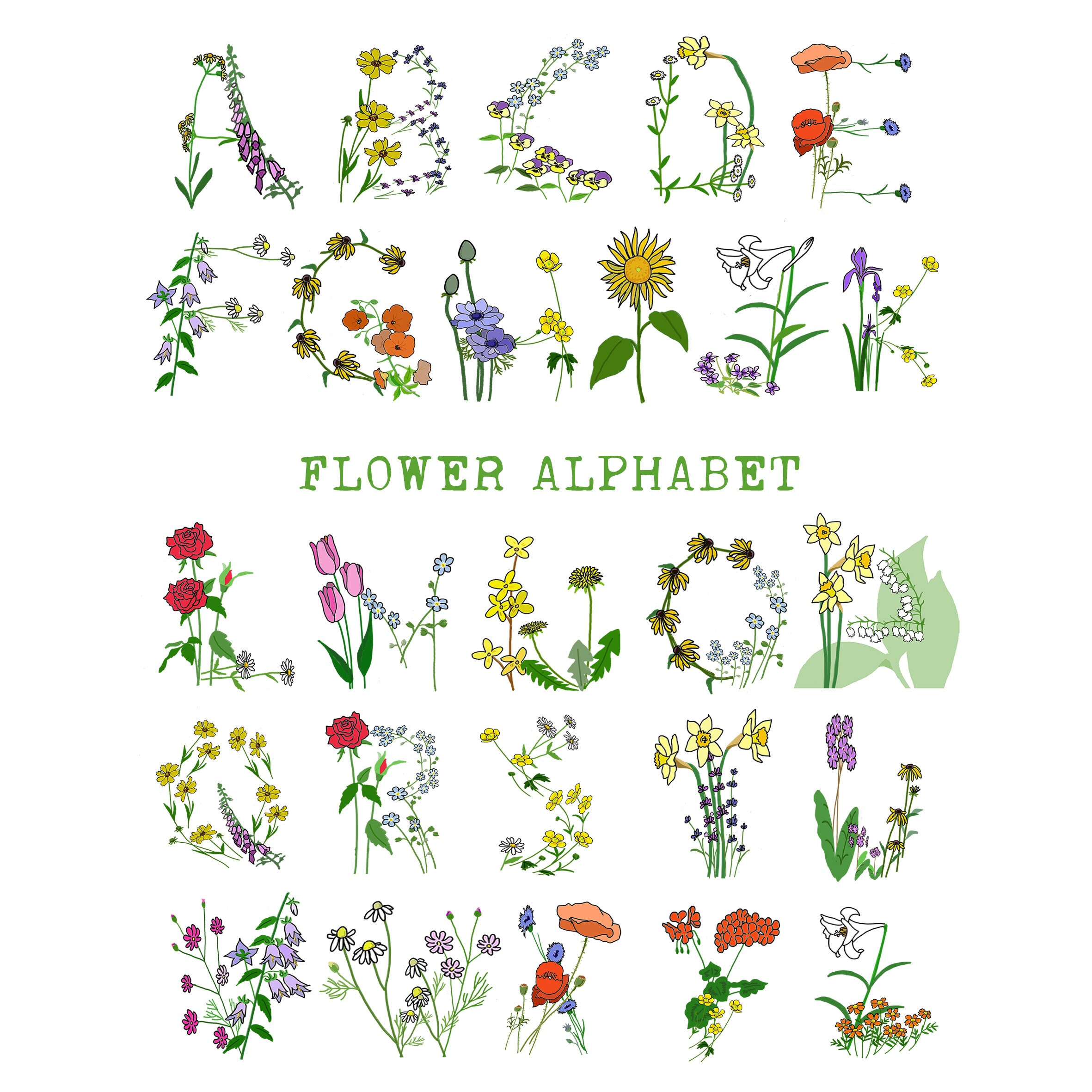 Wild Flower Alphabet Clipart, Wild Flower Alphabet Wall Art, Flower ...