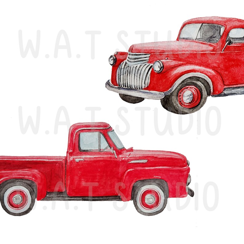 Red Truck Watercolor Clipart, Watercolor Vintage Red Truck Watercolor ...