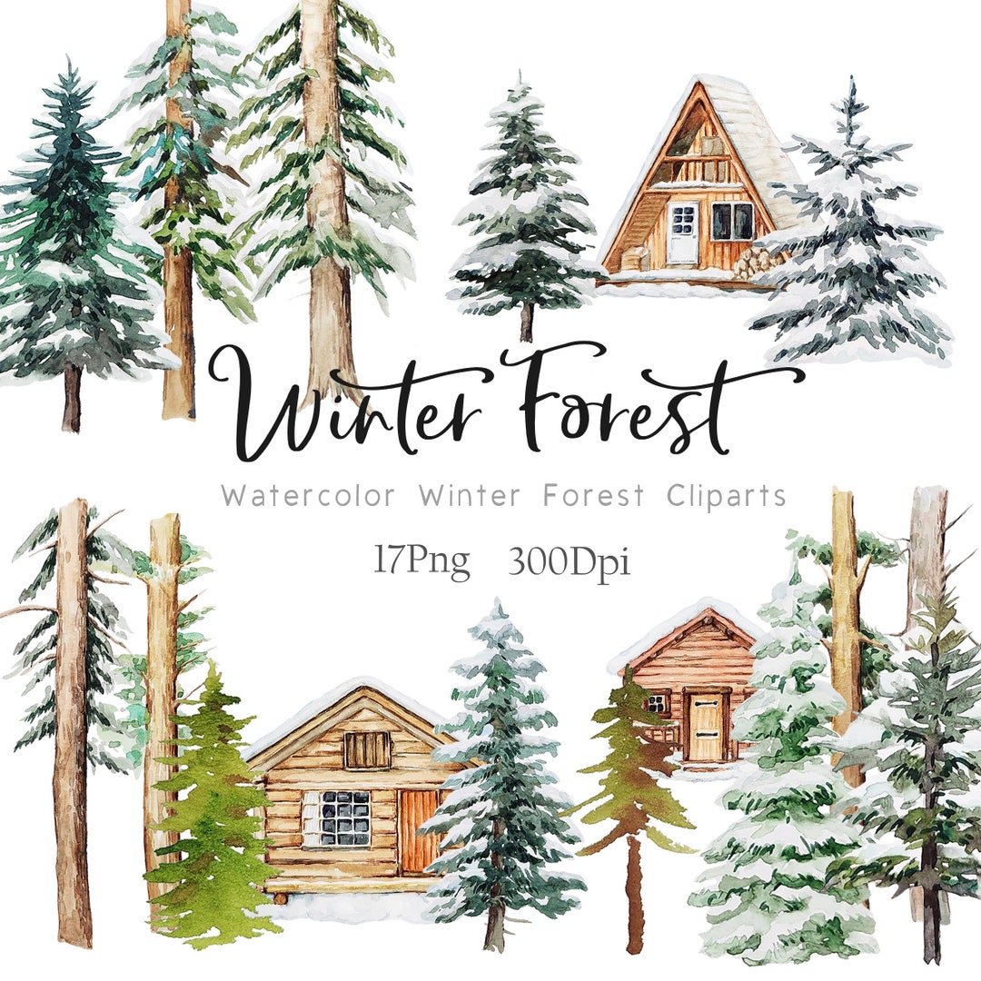 Winter Forest Watercolor Clipart, Winter Tree Watercolor Prints, Winter ...