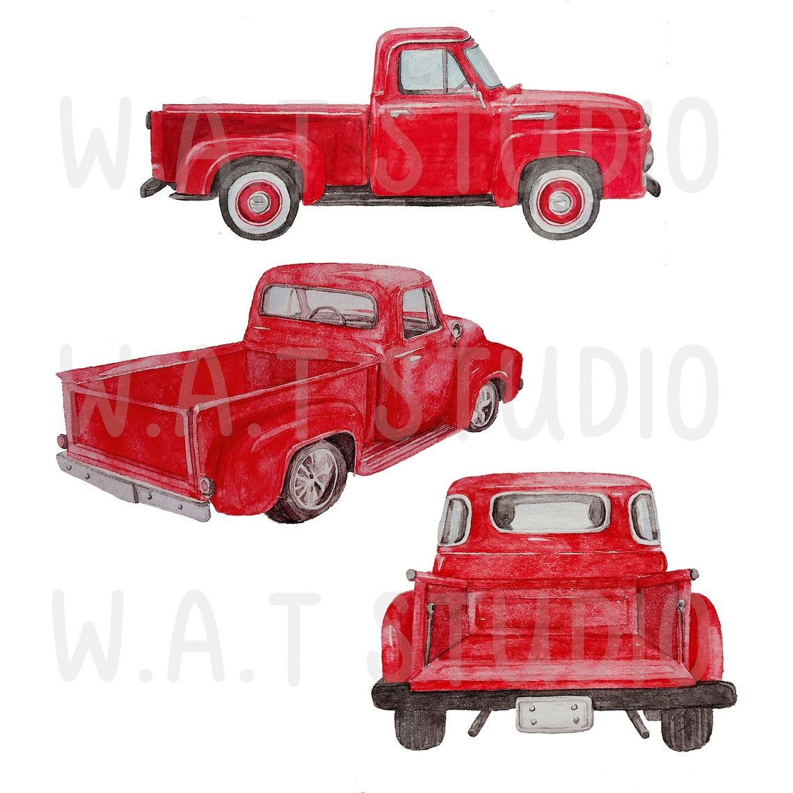 Red Truck Watercolor Clipart, Watercolor Vintage Red Truck Watercolor ...