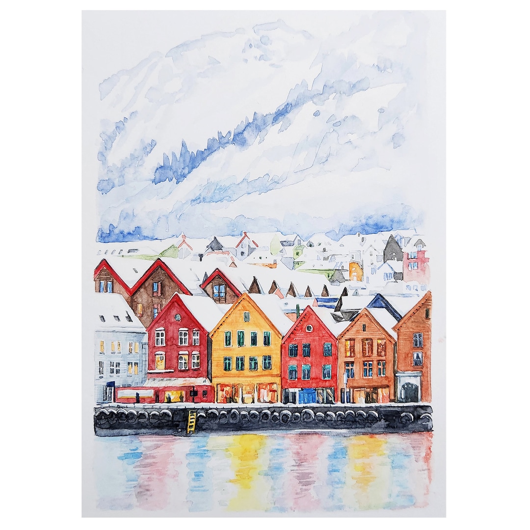 Bergen, Norway Travel Watercolor Print, Bergen Travel Watercolor Wall ...