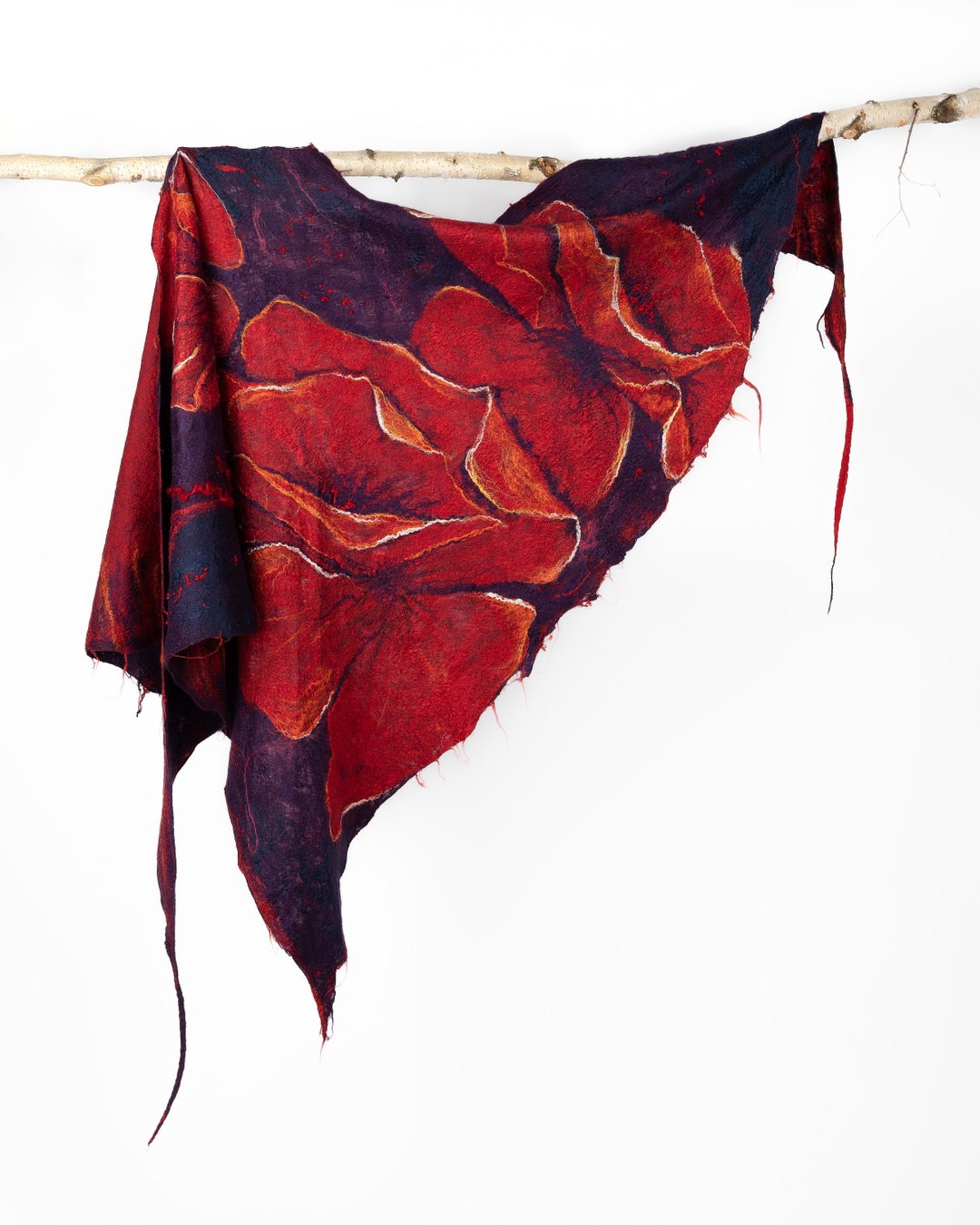Ready to Ship - Deep Red Poppies Triangle Shawl, Nuno Felt, Scarf, Wrap ...