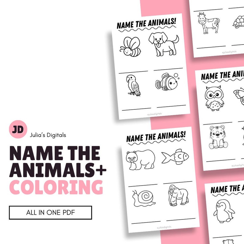 Naming Animals + Coloring Pages | Activity Pages for Children - Etsy