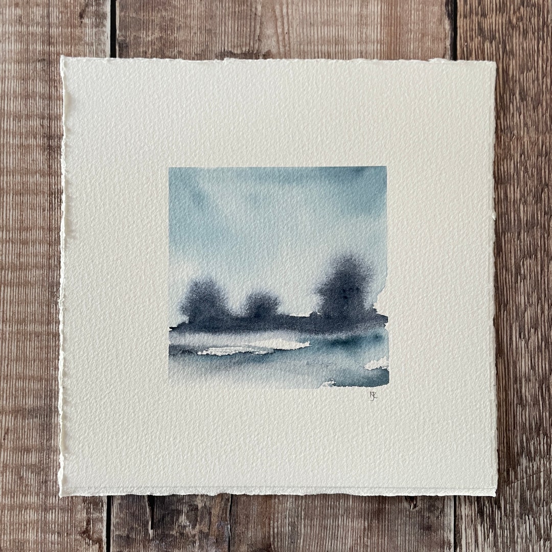 Watercolour Mini Abstract Landscape Painting, Small Square Monochrome ...