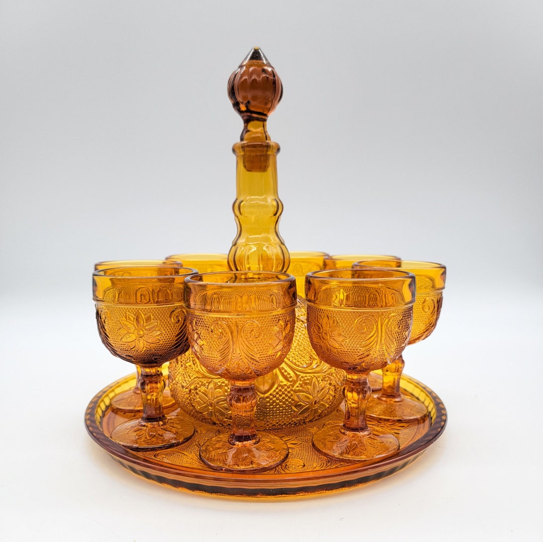 Vintage Indiana Glass Amber "sandwich" Wine Decanter Set | Tiara ...
