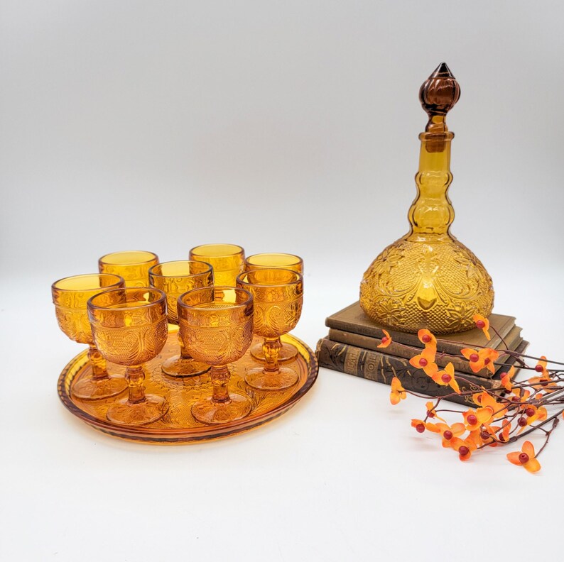 Vintage Indiana Glass Amber "sandwich" Wine Decanter Set | Tiara ...