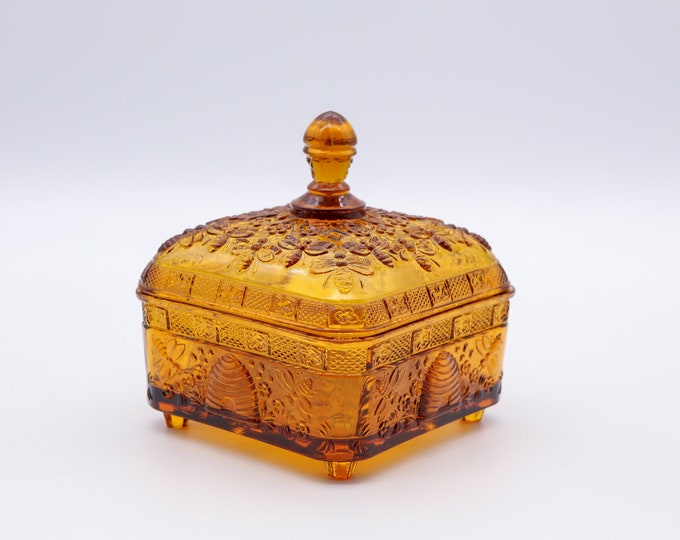 Vintage Tiara Amber Glass Honey Bee Box| Amber Lidded Candy Dish| Glass ...