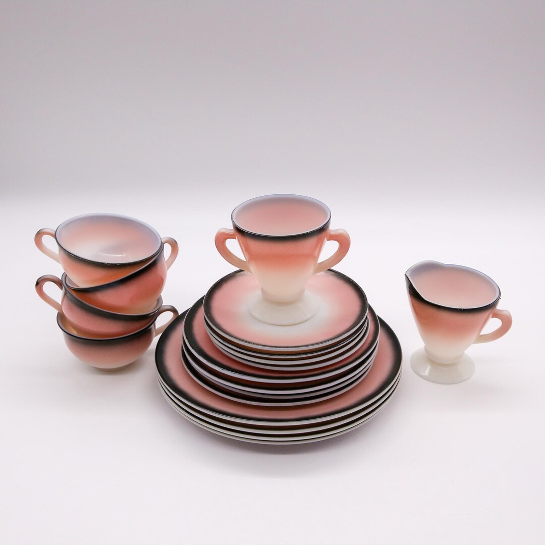 Vintage Hazel Atlas "ovide" Pink & Black Dinnerware | Pastel Ombre ...