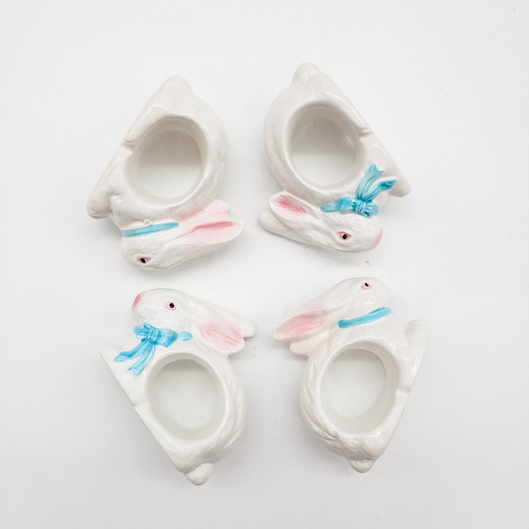 Whimsical Ceramic White Bunny Rabbit Napkin Rings Spring Table Decor ...