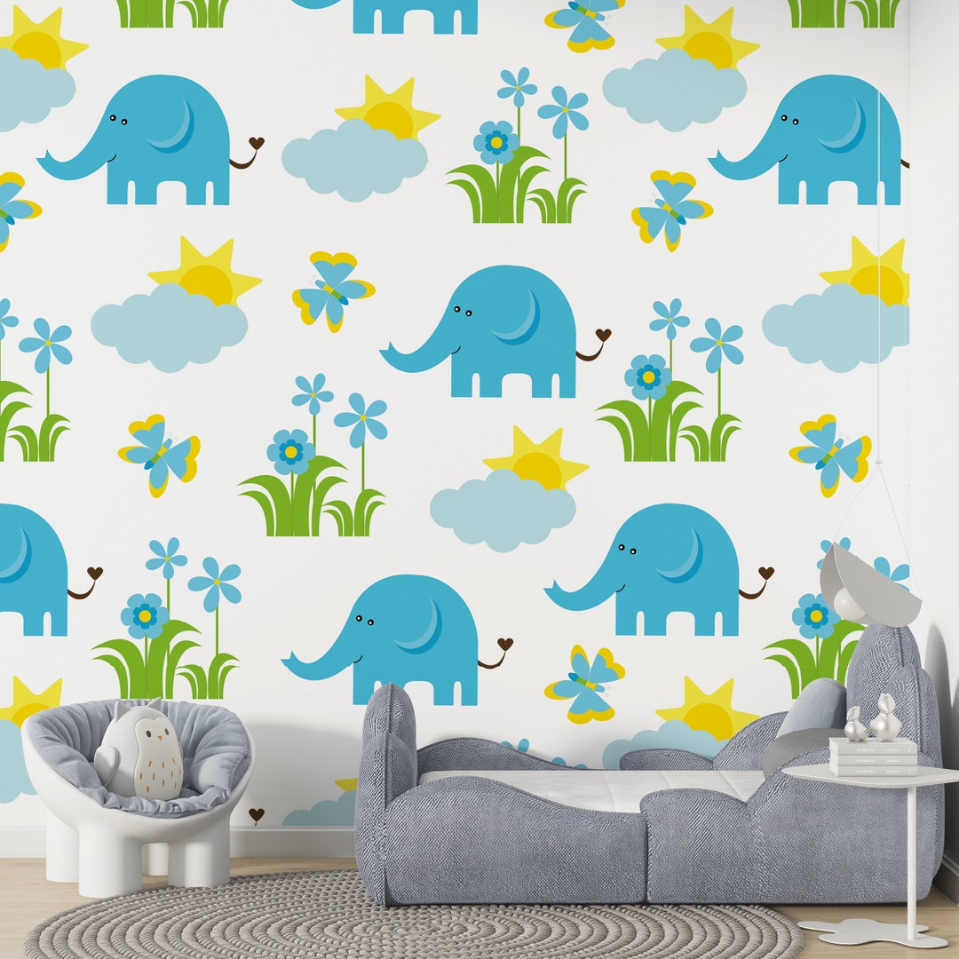Nice Blue Elephant Wallpaper Kids Adhesive Mural Nursery - Etsy