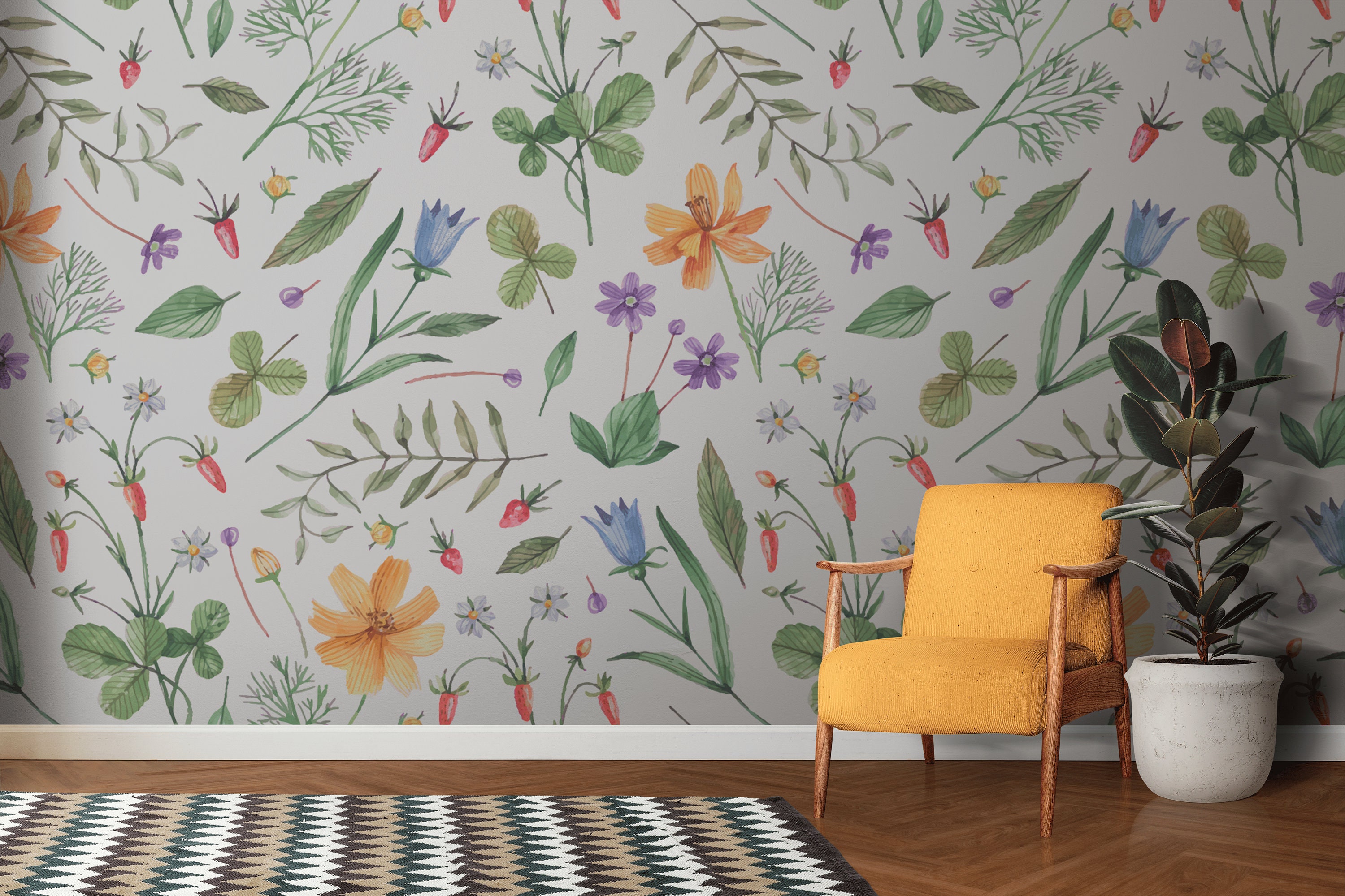 Wildflower Wallpaper, Watercolor Wallpaper, Leaves Wallpaper, Greenery ...