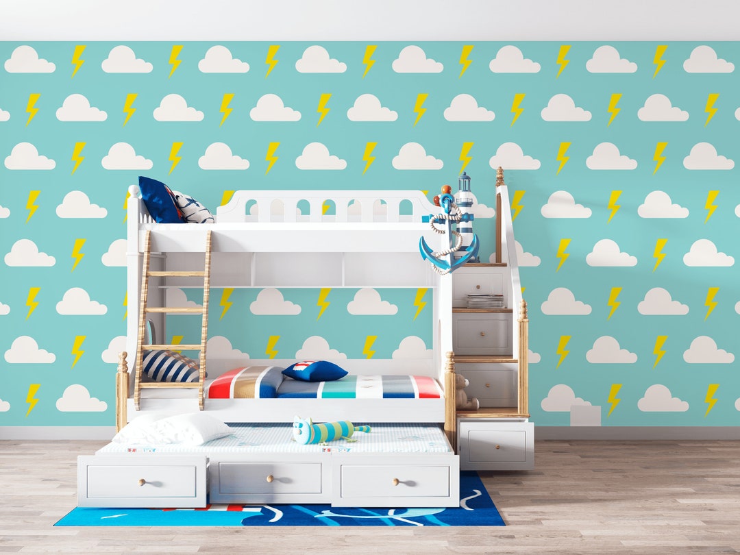 Cute Turquoise Wallpaper for Children's Room With - Etsy