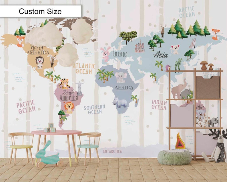 World Map Kids Room Wallpaper, Learning Peel and Stick, Teen Wallpaper ...