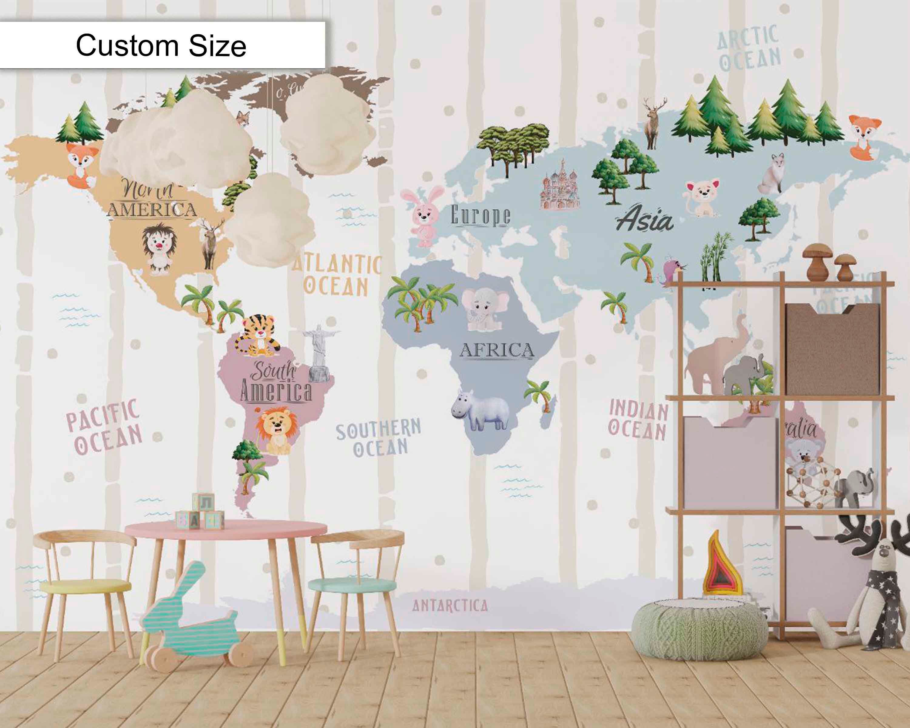 Kids World Map Wallpaper World Map Wallpaper Giant World - Etsy