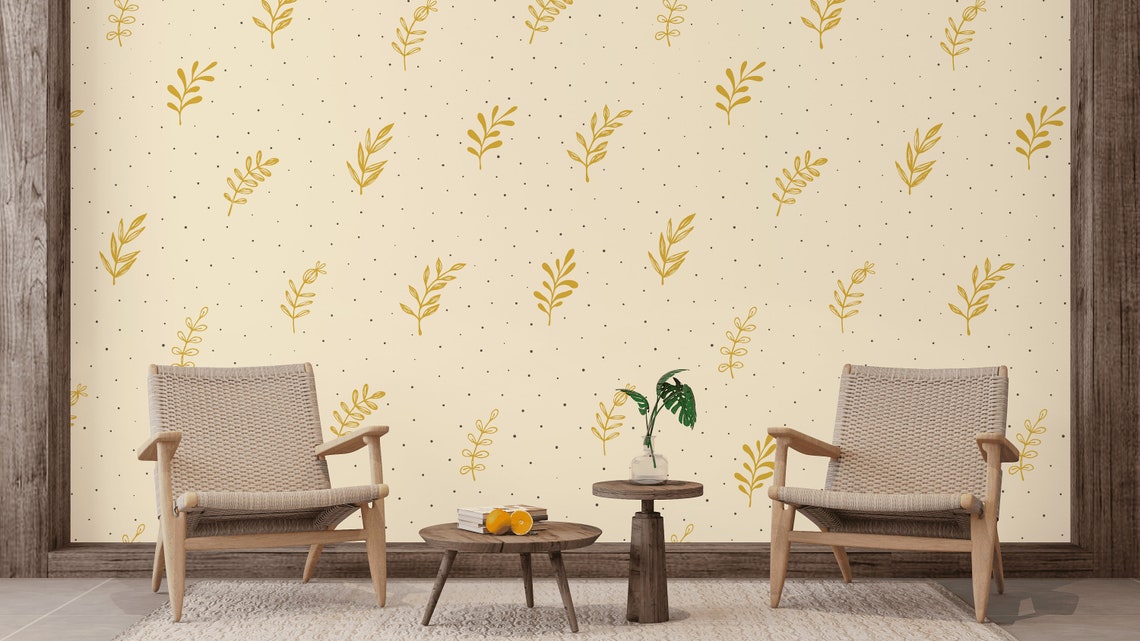 Calm Beige Wallpaper With Golden Spikelet Botanical - Etsy