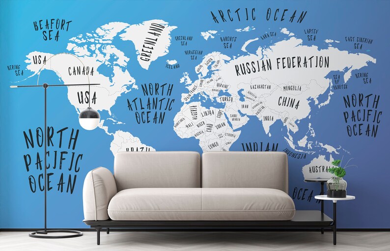 World Map Wallpapers With Name Captions in Cheerful Font for - Etsy