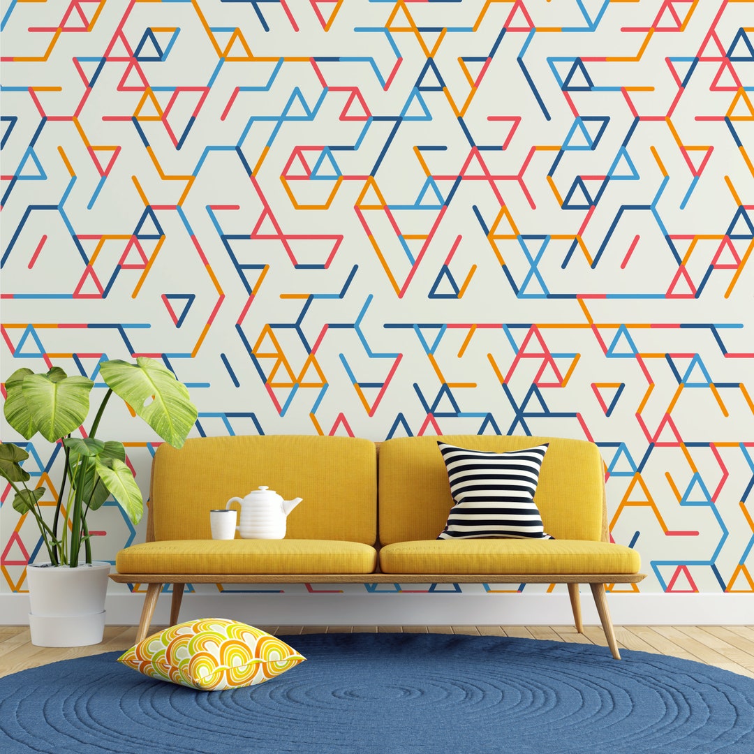 Geometry Wallpaper With Blue Yellow Red Lines, Colorful Peel Stick Wallpaper, Abstract Lines ...