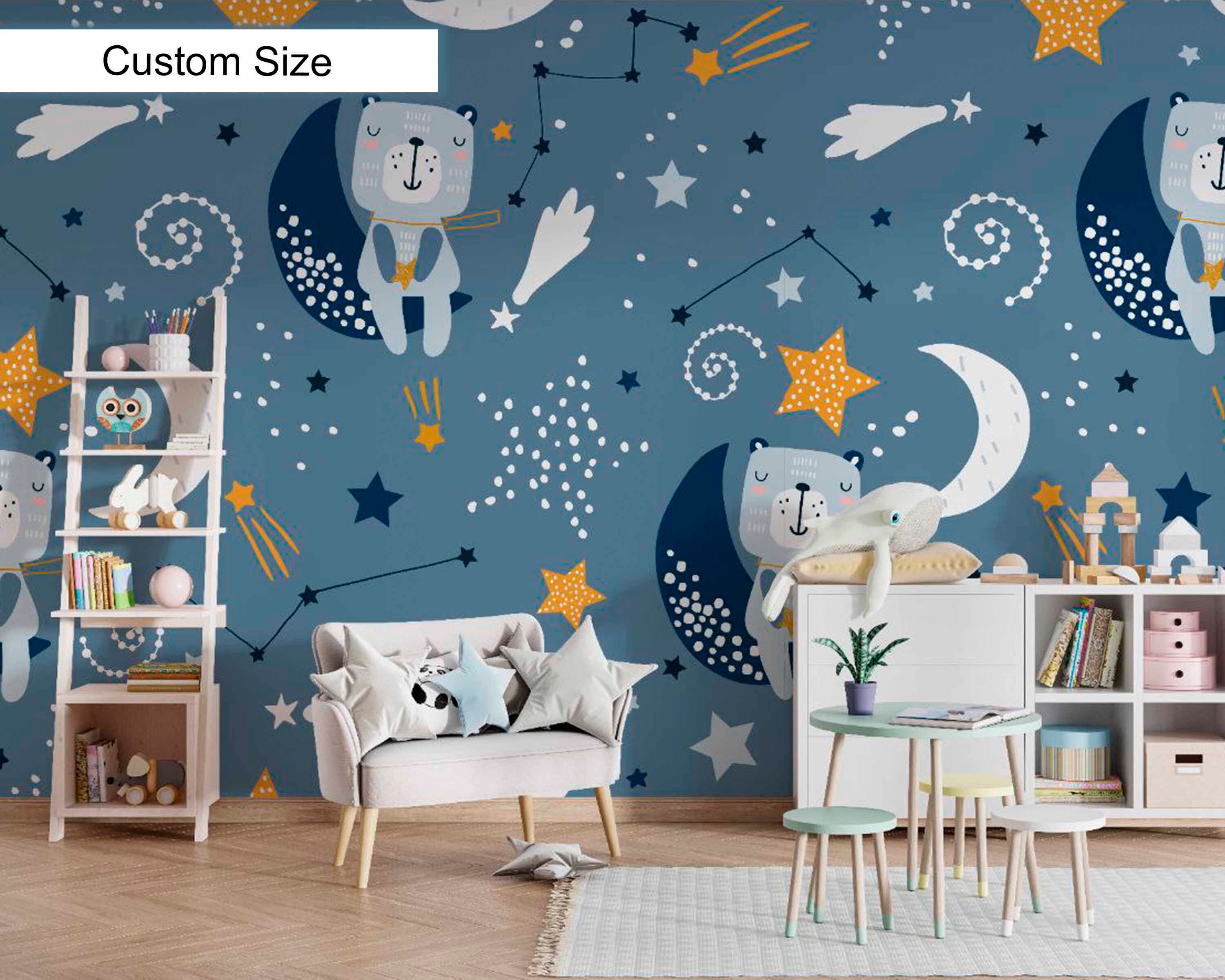 Dark Blue Boy Wallpaper With Space Fairland Nursery - Etsy