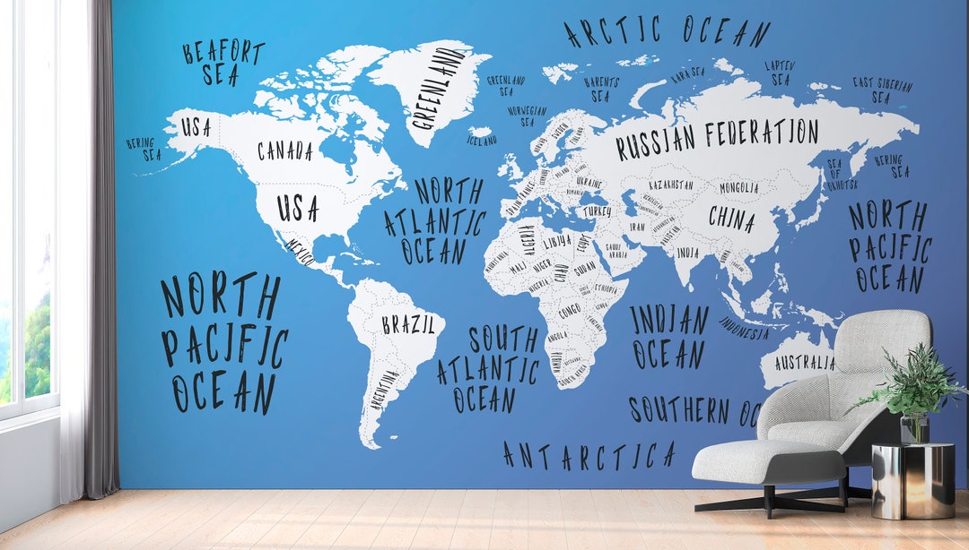 World Map Wallpapers With Name Captions in Cheerful Font for - Etsy