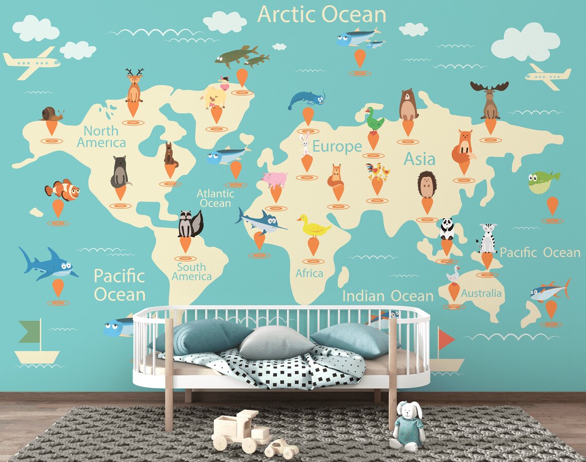 Big Print Kids World Map With Countries and Animals Nursery - Etsy