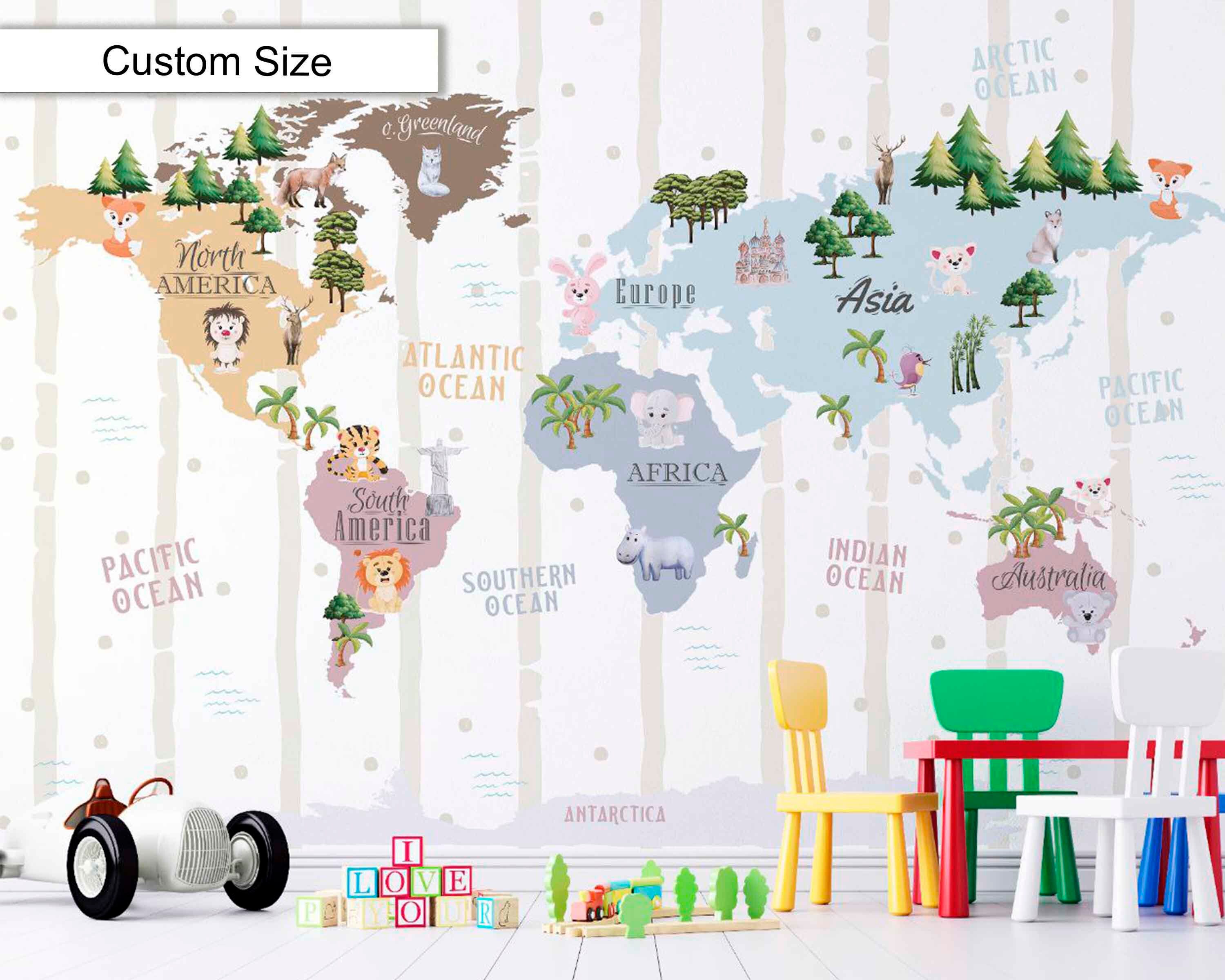 Kids World Map Wallpaper World Map Wallpaper Giant World - Etsy
