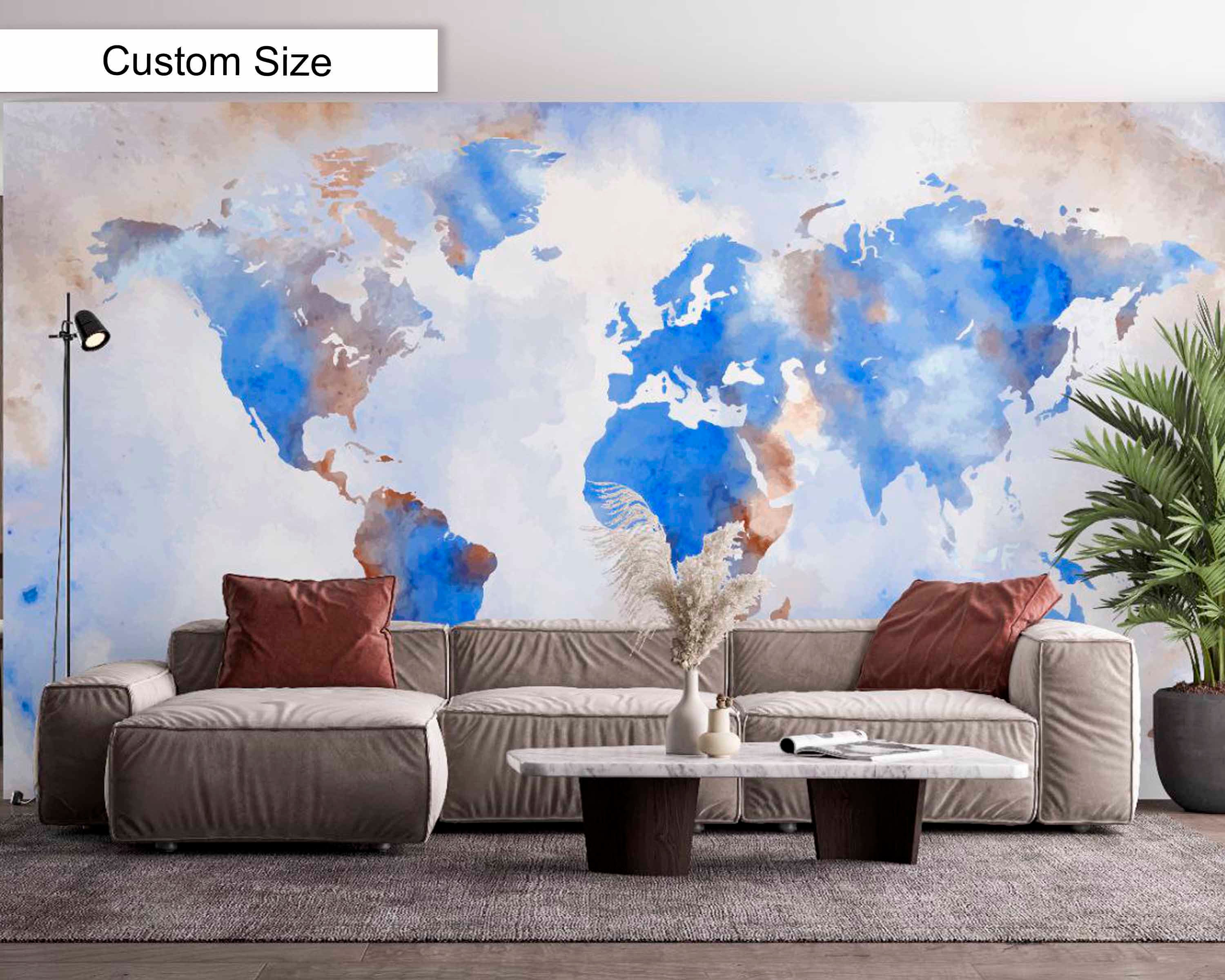 World Map Wallpaper Map Wall Mural Peel and Stick Watercolor World Map ...