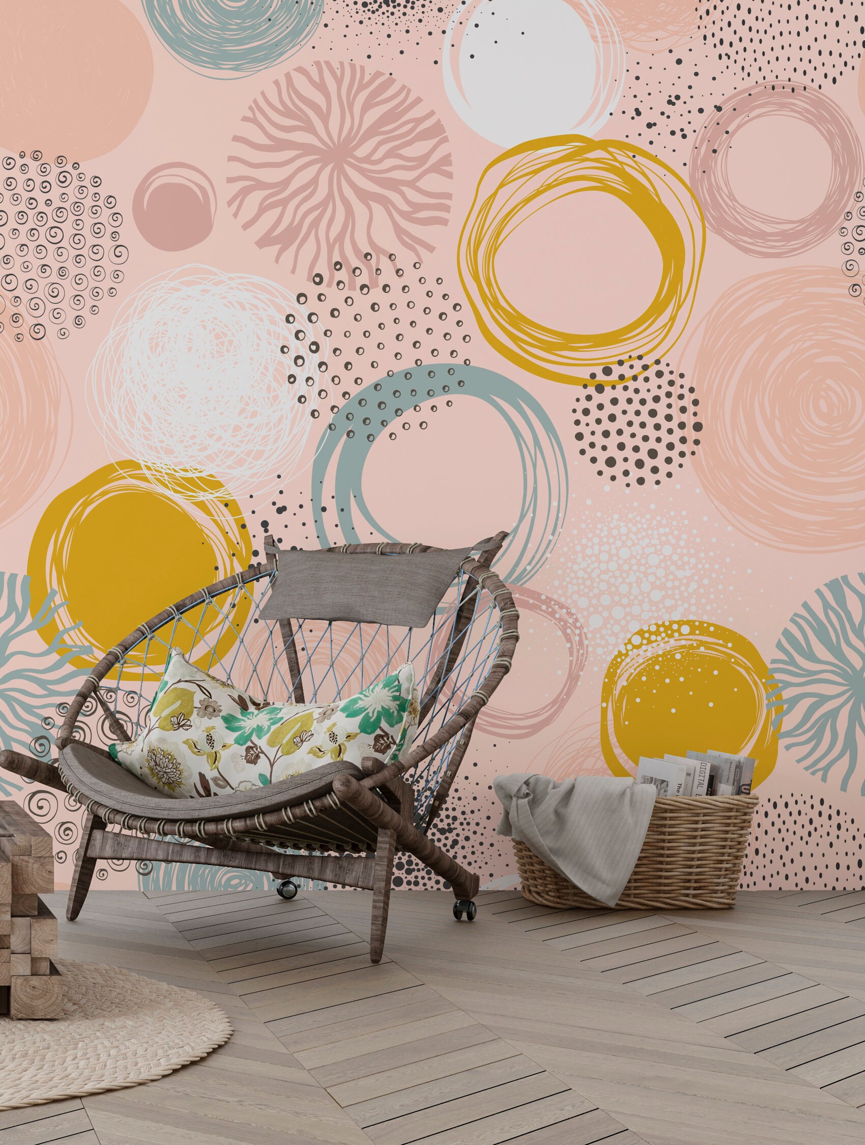 Pink Pastel Wallpaper, Geometric Circles Wall Mural, Abstract Art ...