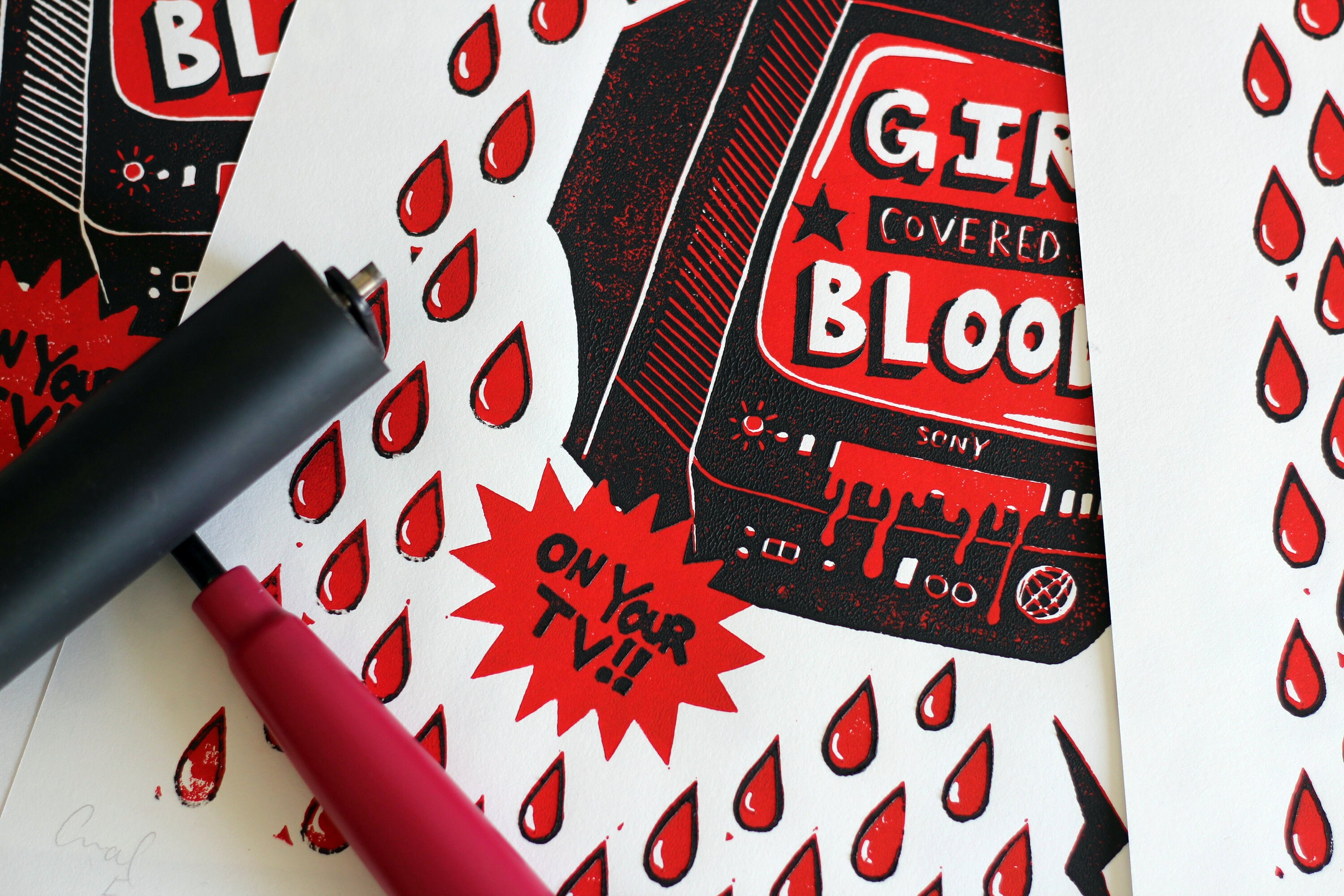 Girl Blood TV - Original, Hand Pressed Linocut Print - Etsy Canada