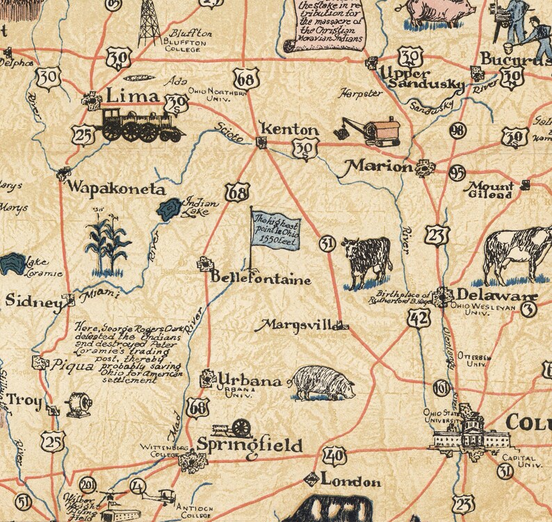 Old Map of Ohio Ohio Map of Pictorial Vintage Map - Etsy