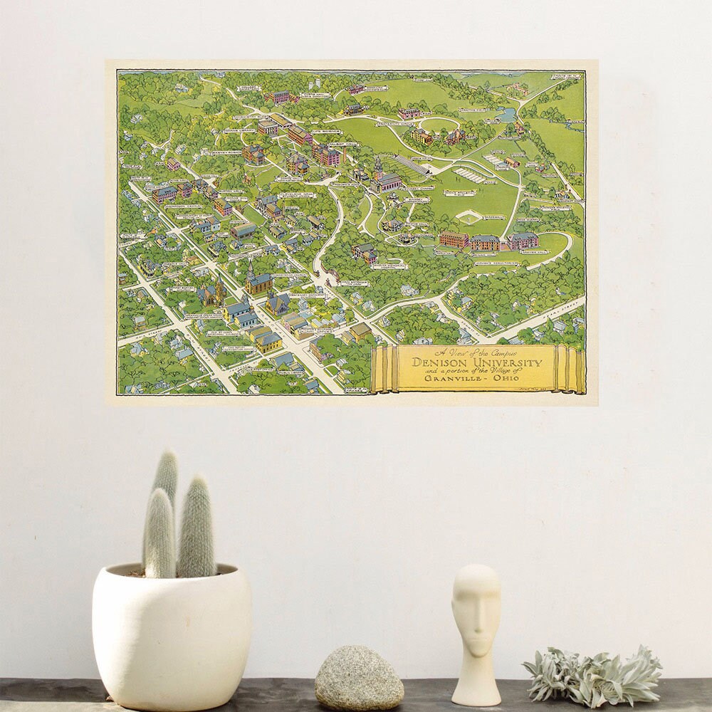 Vintage Denison University Map Print, Granville Ohio, Pictorial Wall ...