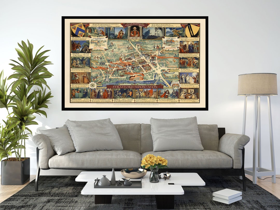 Vintage William Shakespeare Map Print, Stratford-upon-avon, Pictorial ...