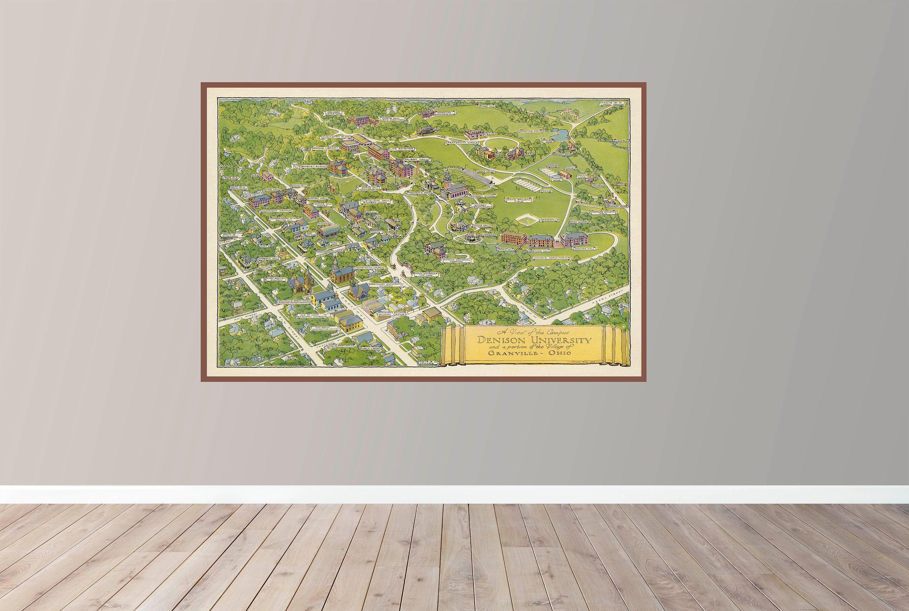 Vintage Denison University Map Print, Granville Ohio, Pictorial Wall ...