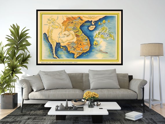 Old Map of Indochine Vintage Pictorial Map Poster Vintage - Etsy