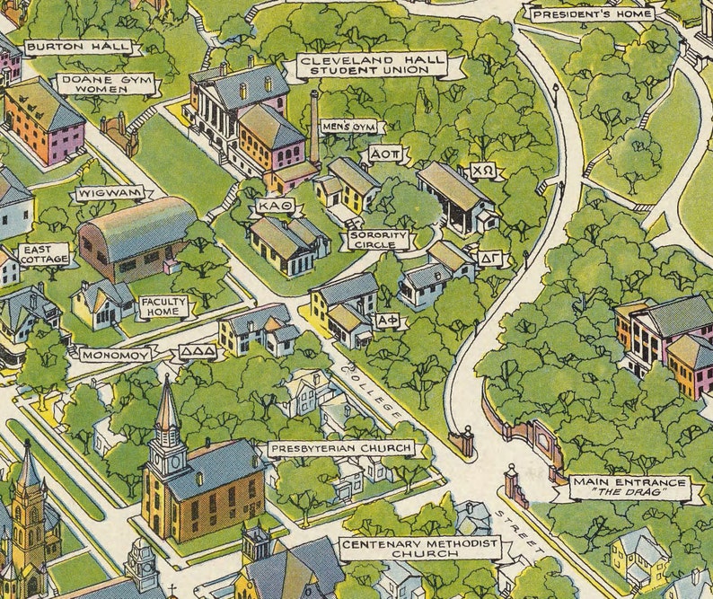 Vintage Denison University Map Print, Granville Ohio, Pictorial Wall ...