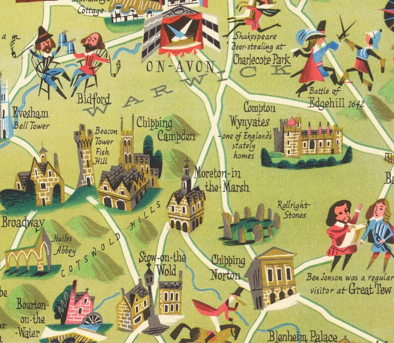 Old Map of Shakespeare Country, Vintage Pictorial Map Poster, Poster ...