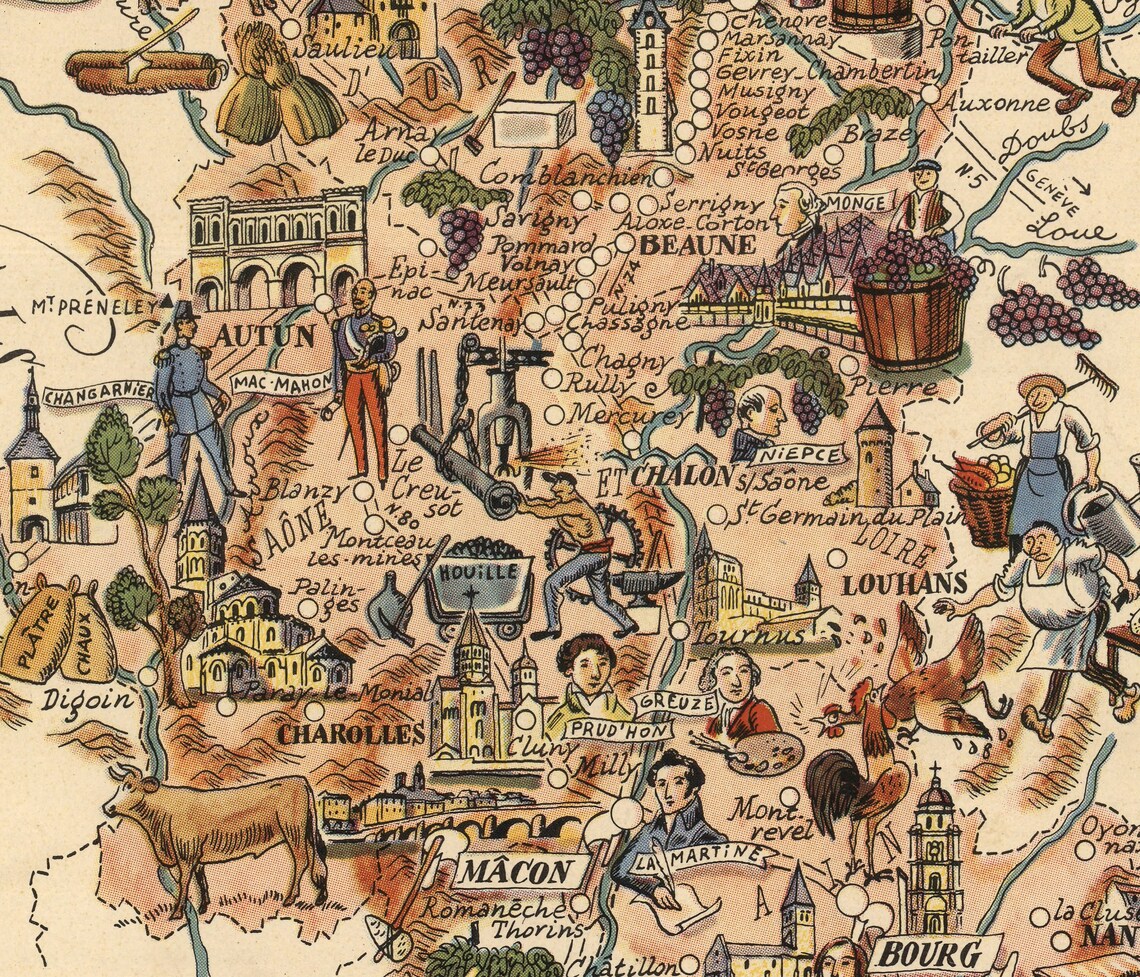 Old Map of Bourgogne Map of France Vintage Pictorial Map - Etsy