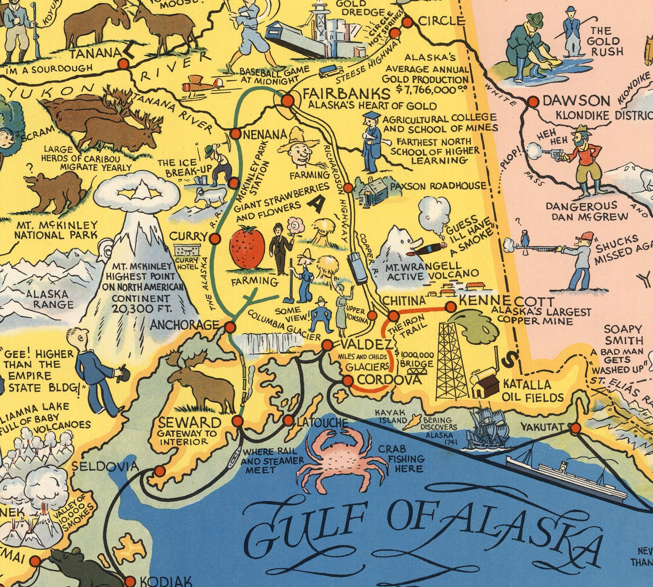 A Good-natured Map of Alaska, Map of Alaska Line, Vintage Pictorial Map ...