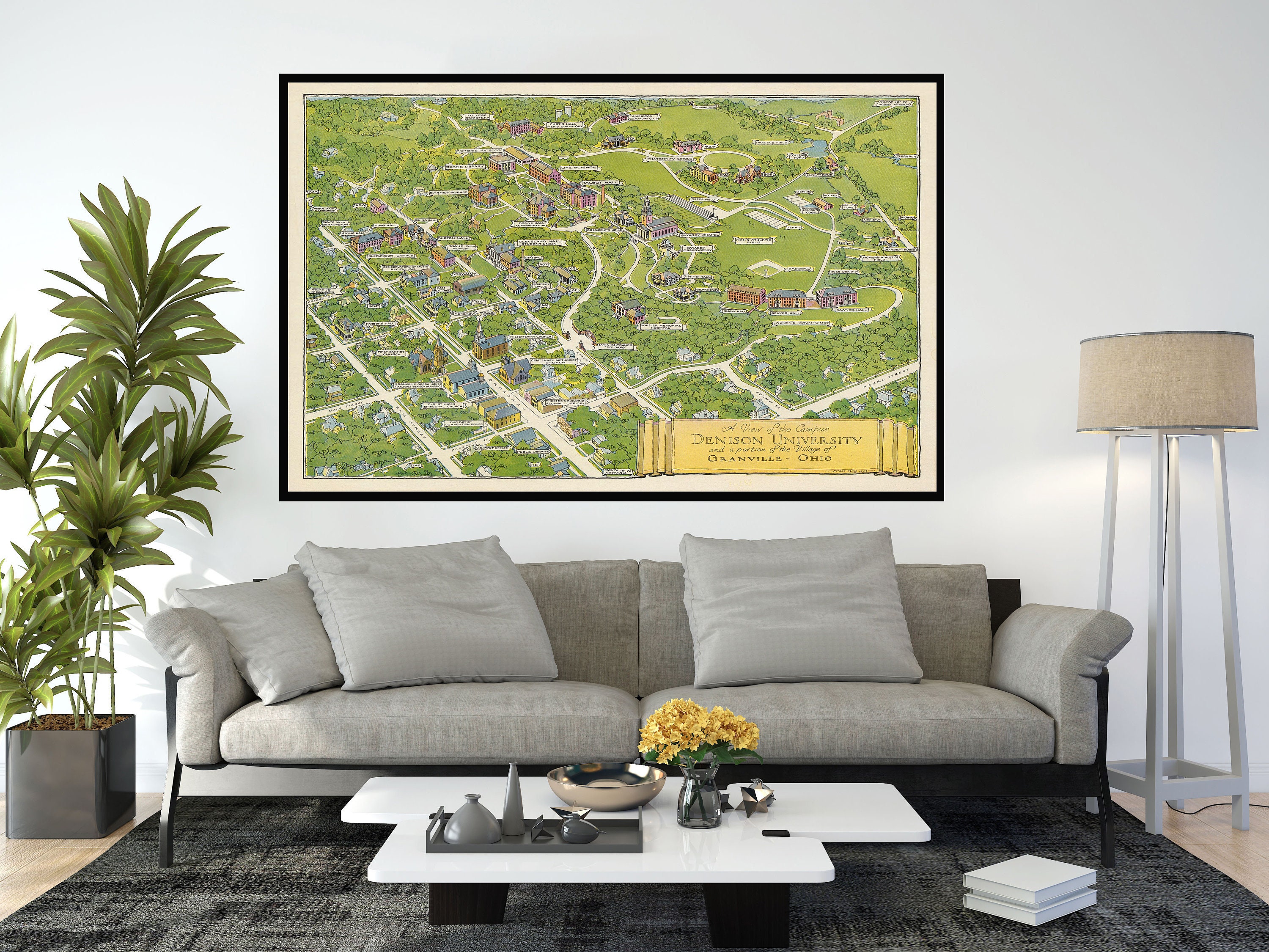 Vintage Denison University Map Print, Granville Ohio, Pictorial Wall ...
