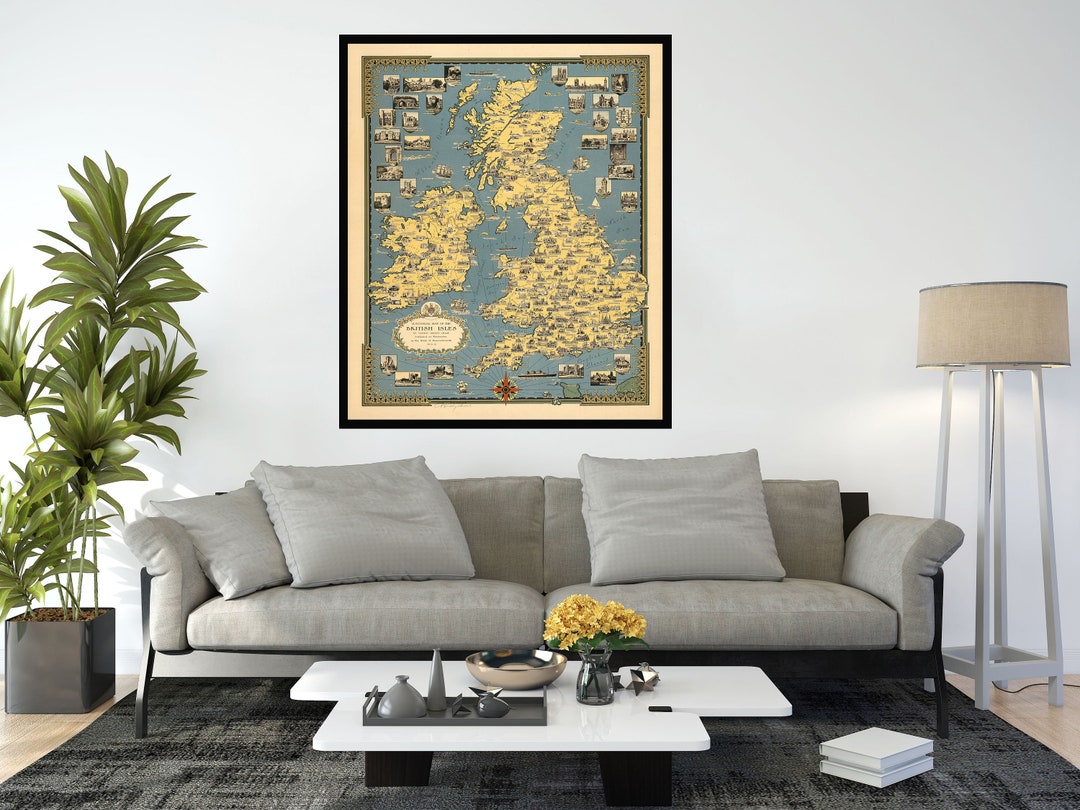 Vintage British Isles Map Poster, Pictorial Wall Art - Etsy Portugal