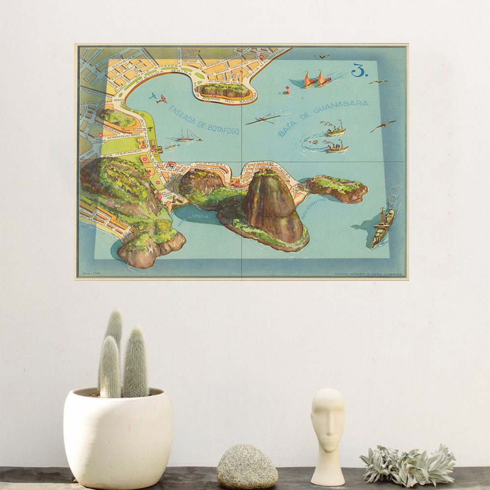 Old Map of Brazil, Map of Botafogo Beach, Vintage Pictorial Map,vintage ...