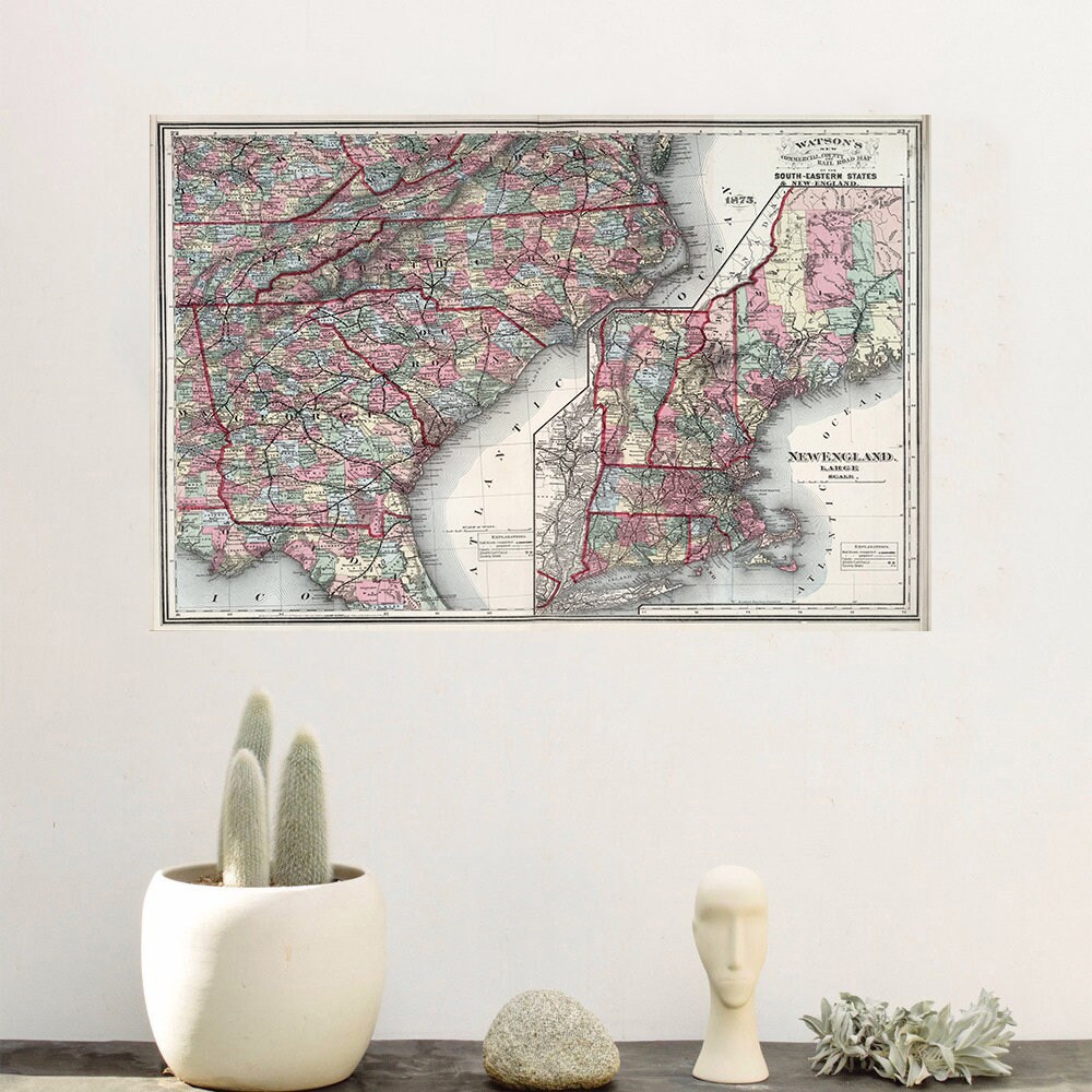 Old Map of New England, Vintage Map Poster,vintage Pictorial Map ...