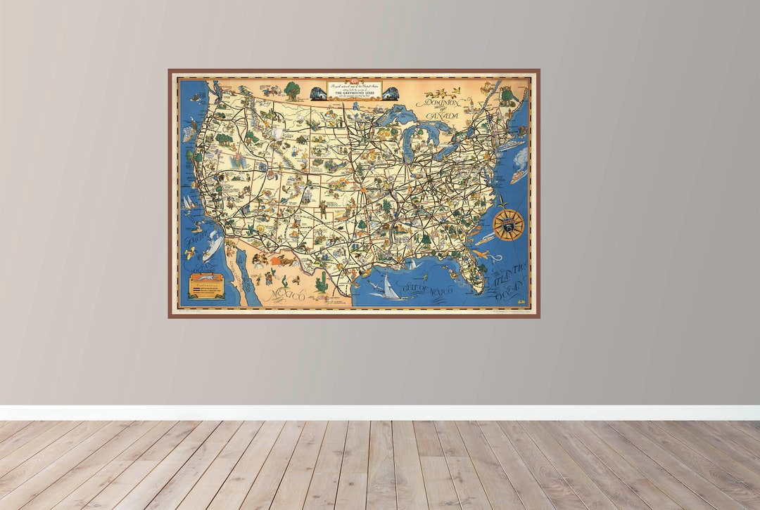 Vintage United States Greyhound Map, Pictorial Wall Art - Etsy