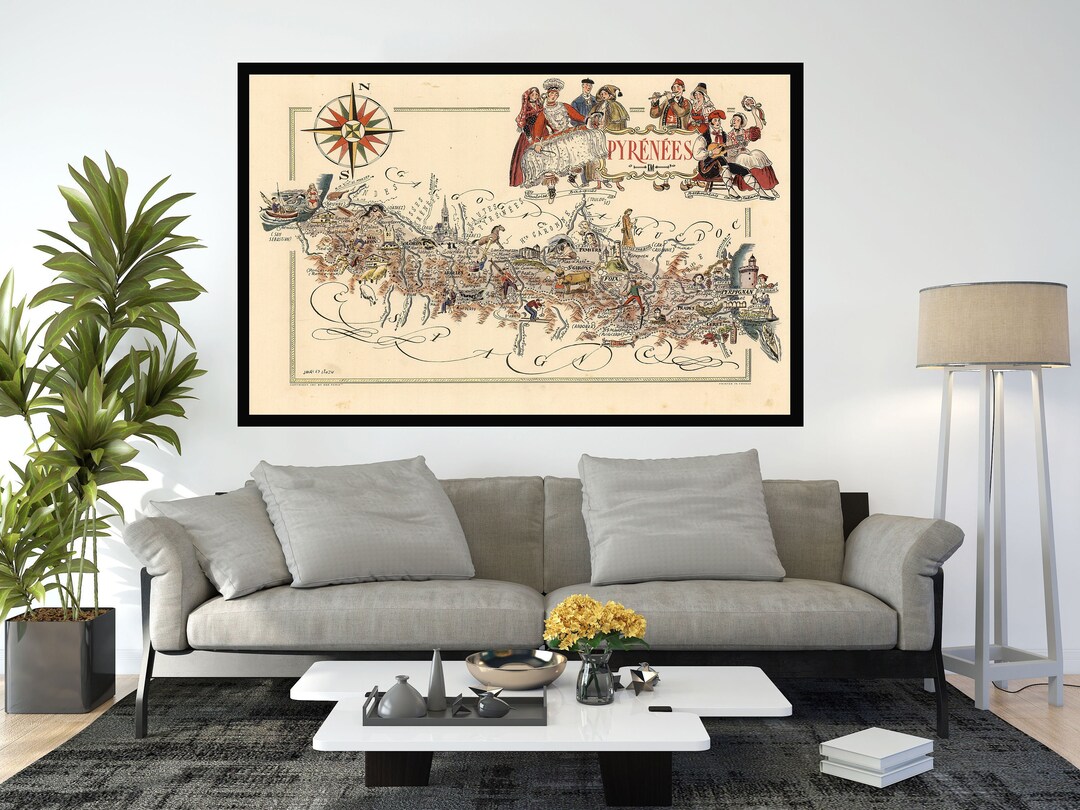 Old Map of Pyrenees, France, Vintage Pictorial Map Posters,vintage Map ...