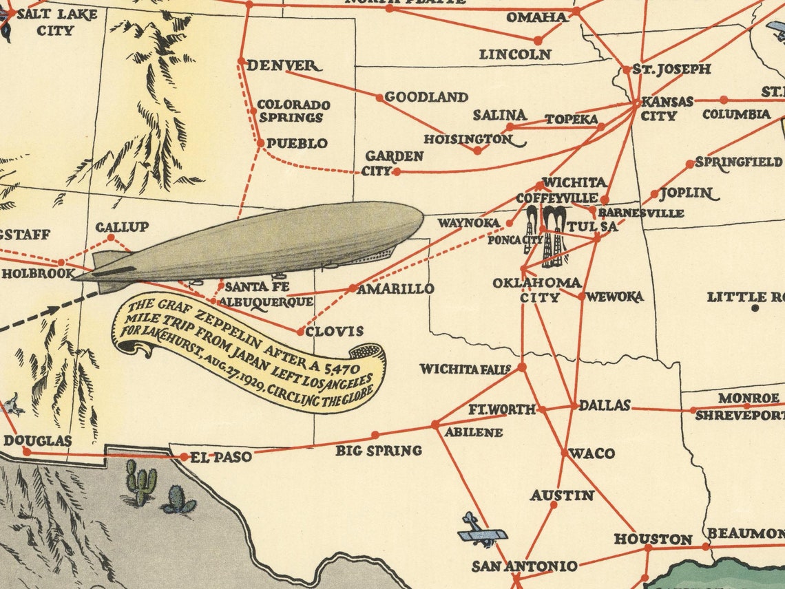 Old Map of Air Mail Passenger Routes, Vintage Pictorial Map, Vintage ...