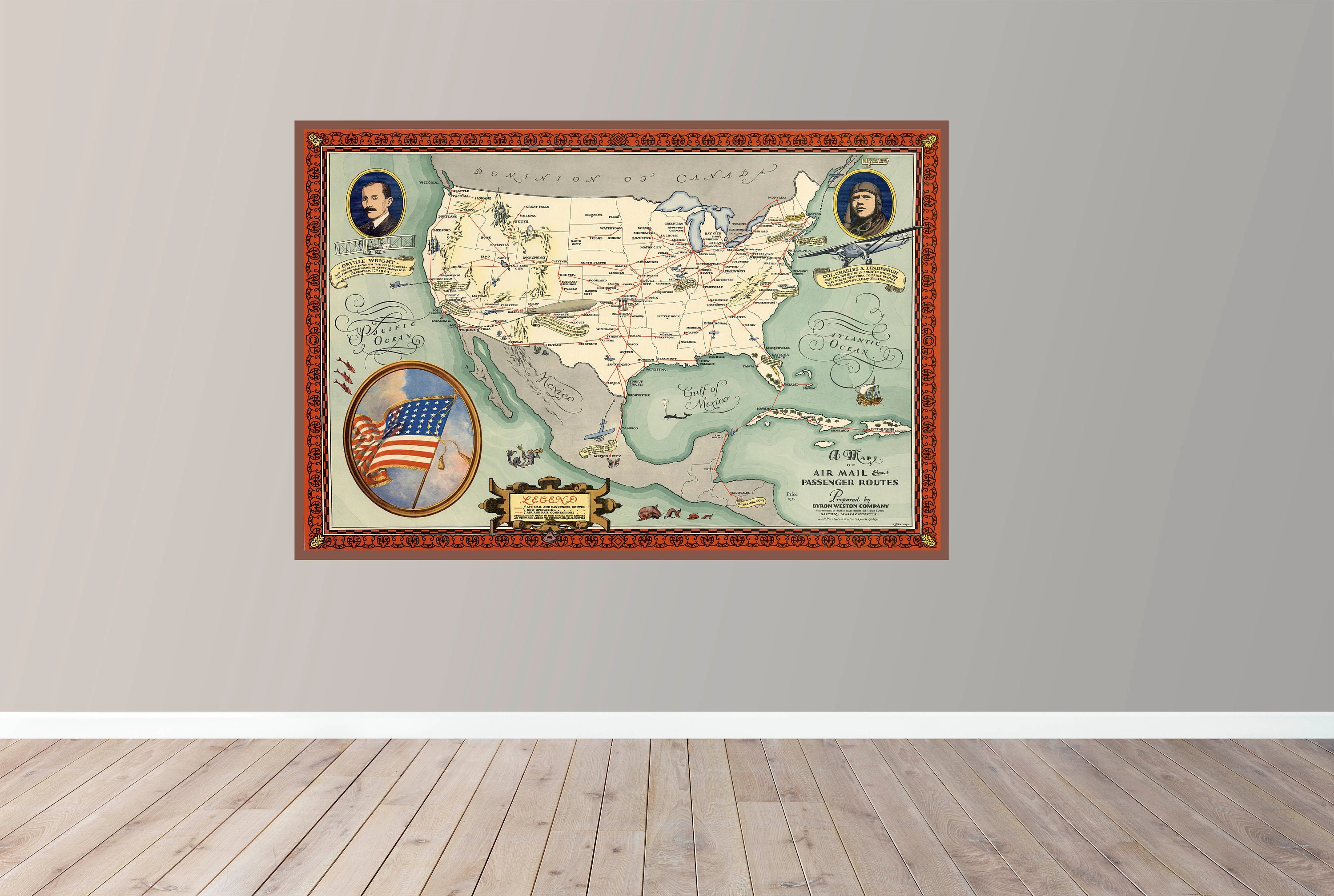 Old Map of Air Mail Passenger Routes, Vintage Pictorial Map, Vintage ...