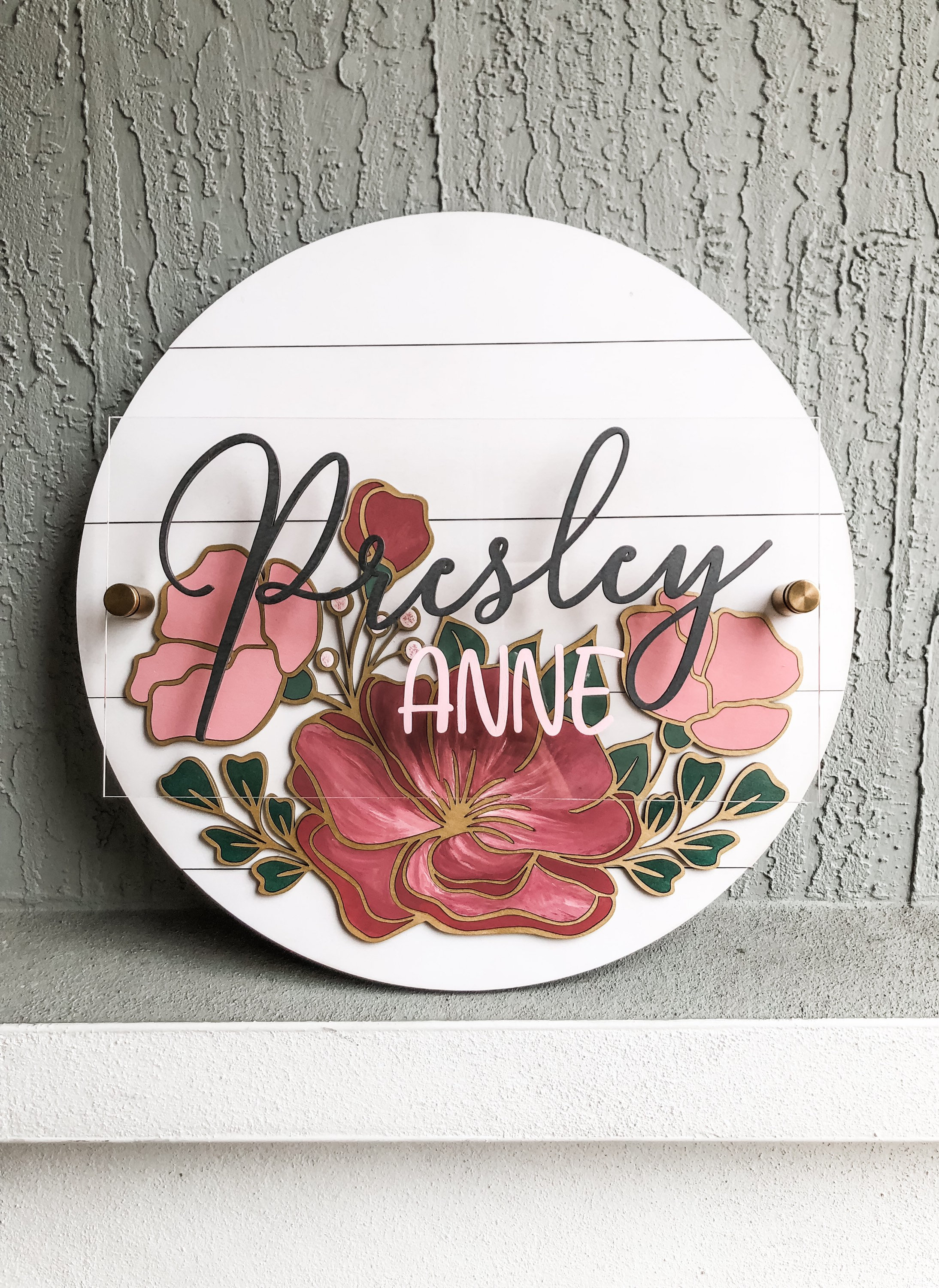 Floral Acrylic Stacked Sign Wooden Custom Name Sign Floral Nursery Sign ...