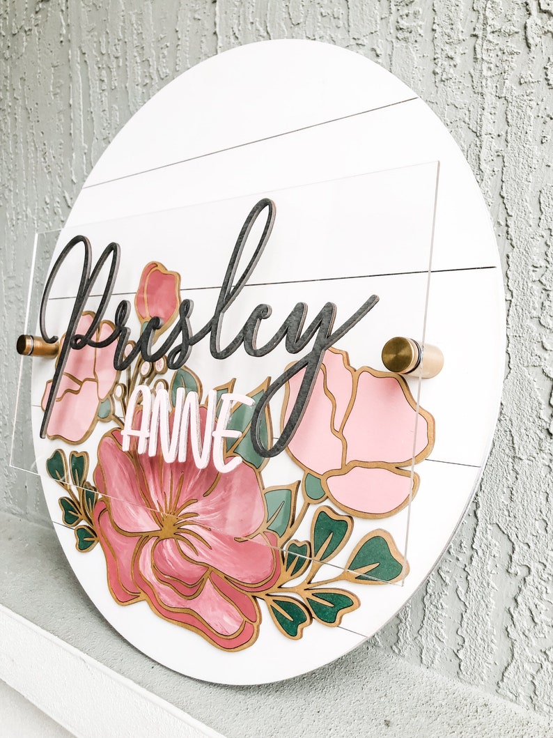Floral Acrylic Stacked Sign Wooden Custom Name Sign Floral Nursery Sign ...