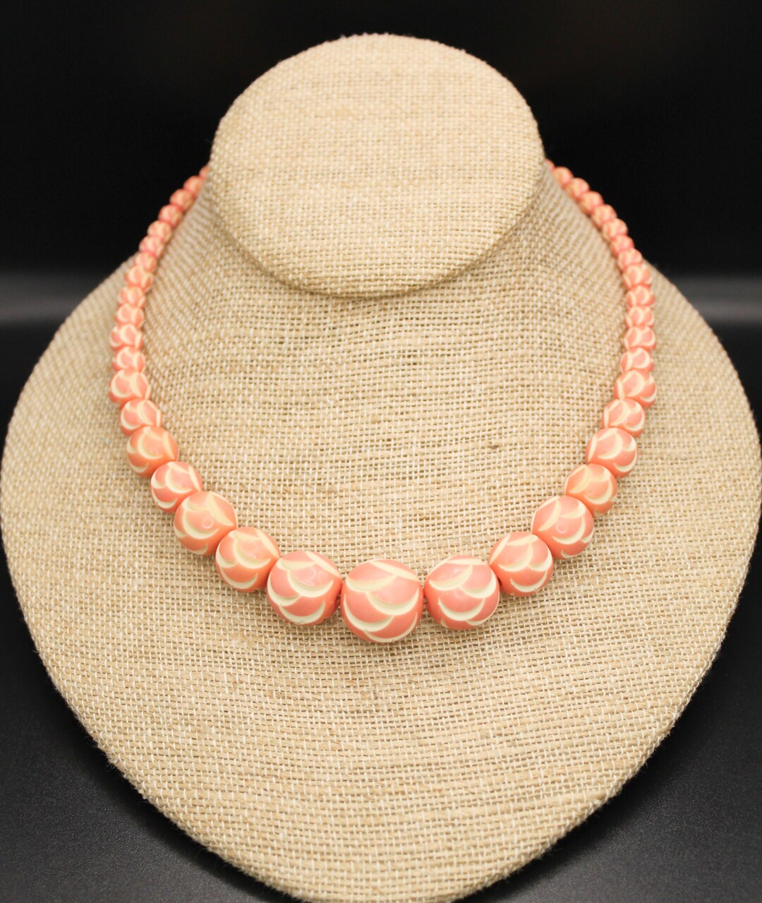 Vintage Galalith Casein Pink & White Carved Graduated Bead Necklace - Etsy