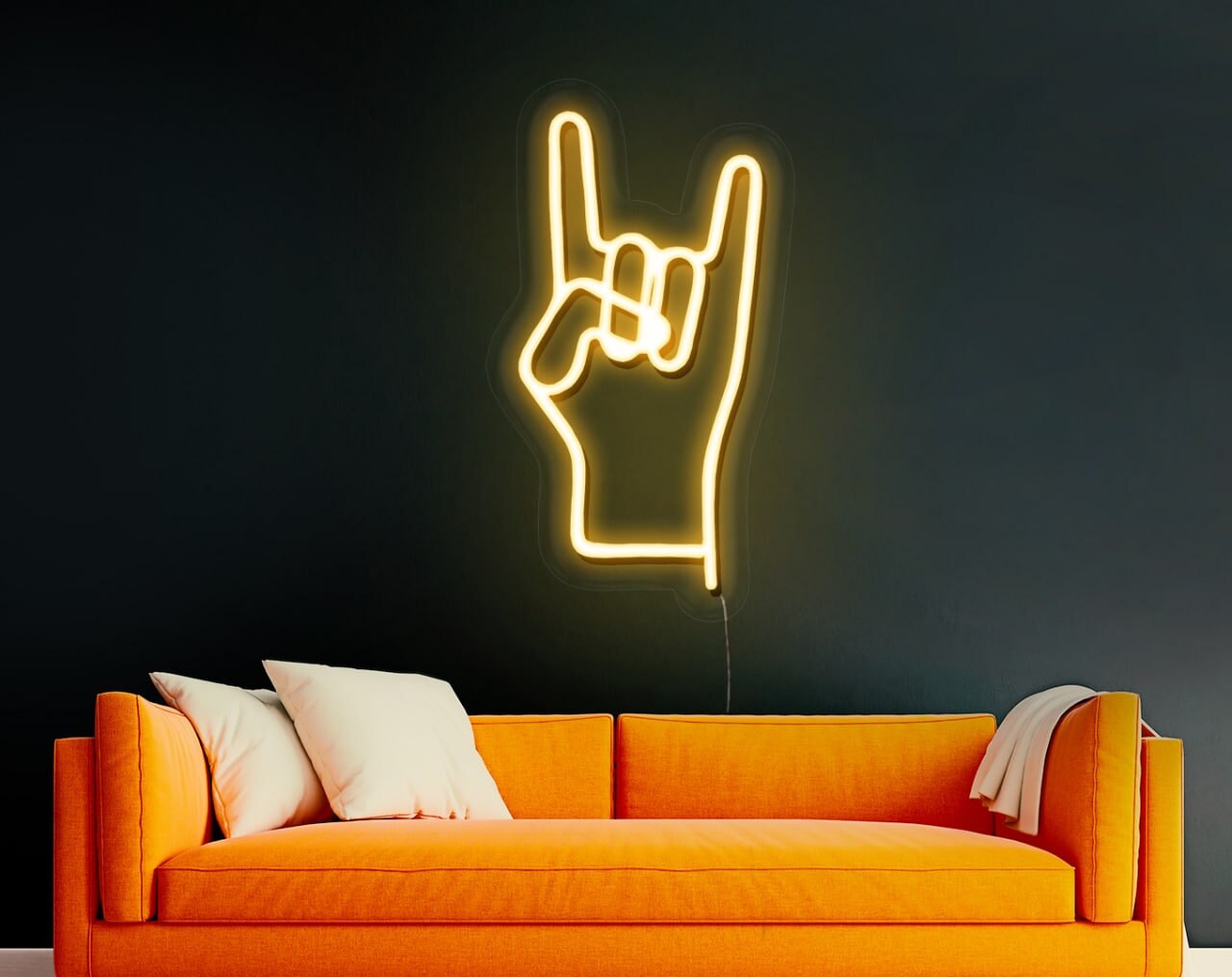 Rock Hand Neon Sign, Hook Em Horns Wall Decor, Hand Gesture Neon Rock ...